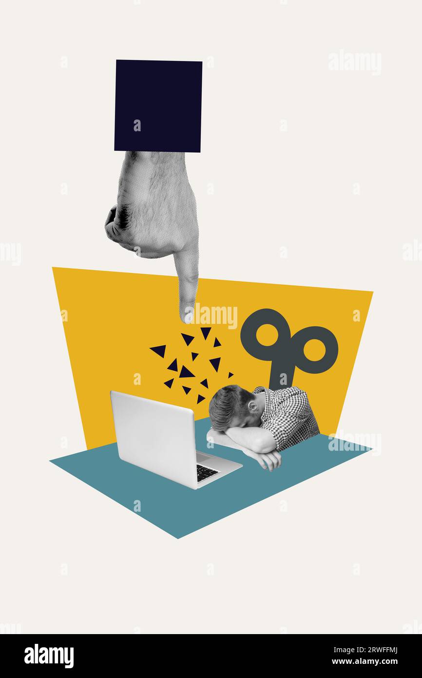 Vertical composite creative photo collage of tired finger directing at ...