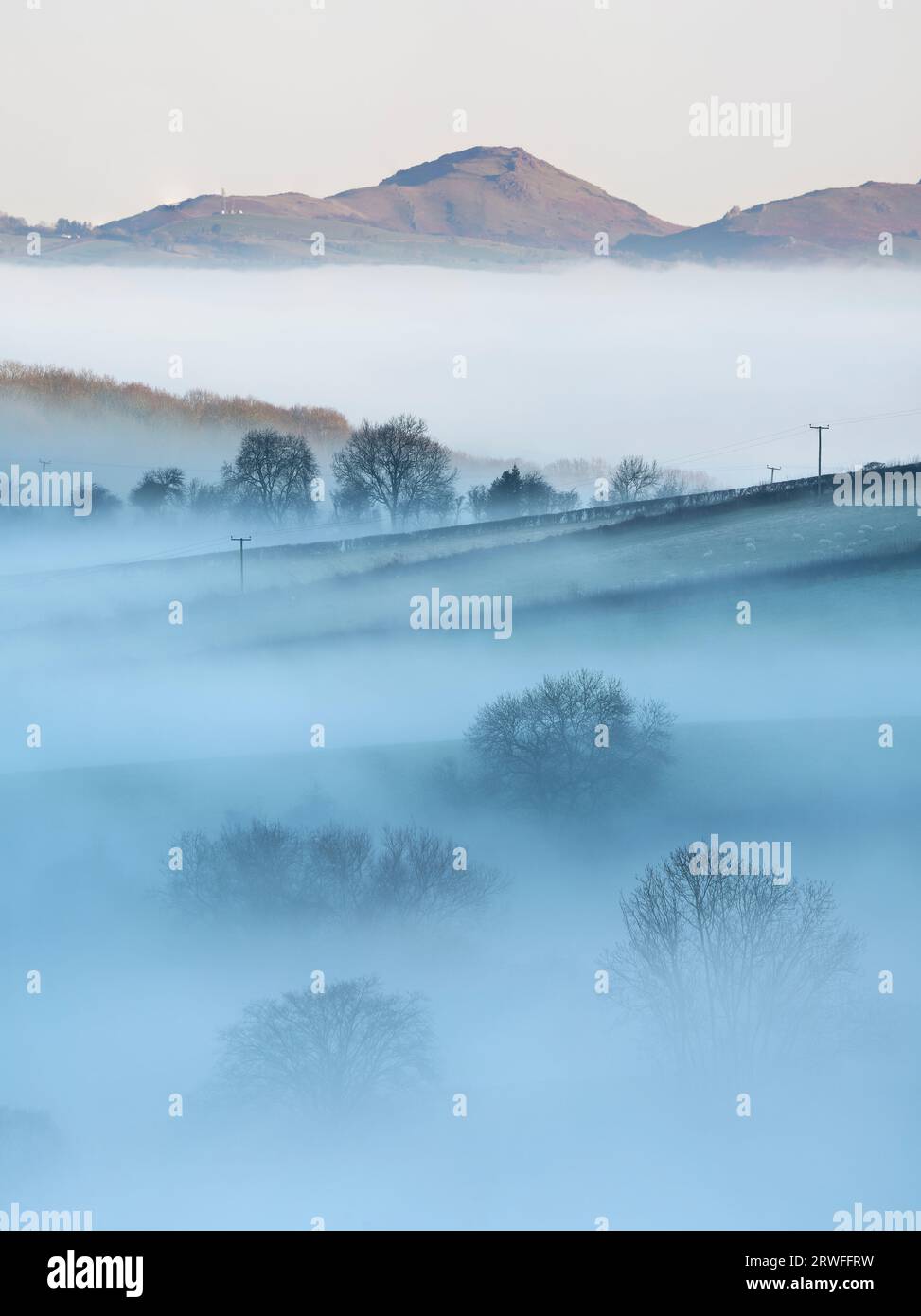 Morning mist in The Clun Valley near Craven Arms in South Shropshire ...