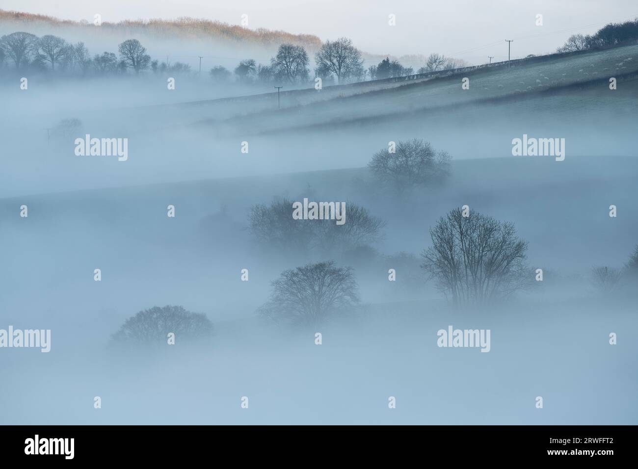 Morning mist in The Clun Valley near Craven Arms in South Shropshire ...