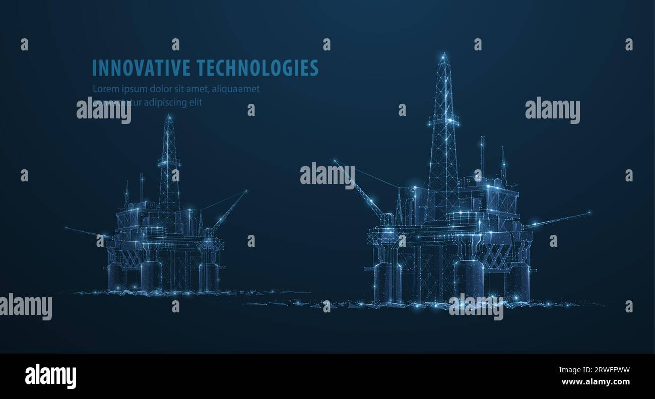 Oil rigs. Abstract 3d floating rig platforms isolated on blue. gas ...