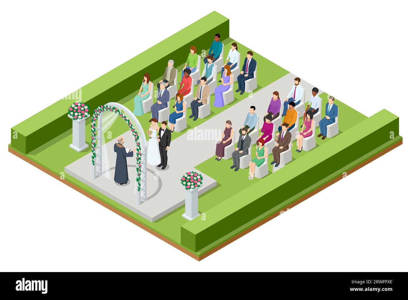Isometric wedding arch decorated with flowers stands in the luxurious ...