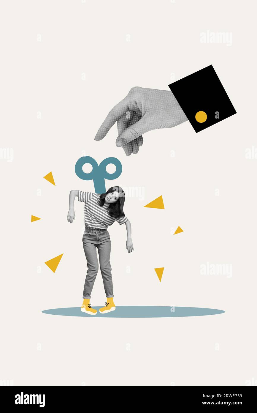 Poster collage image of large hand rotate key control weak girl worker ...
