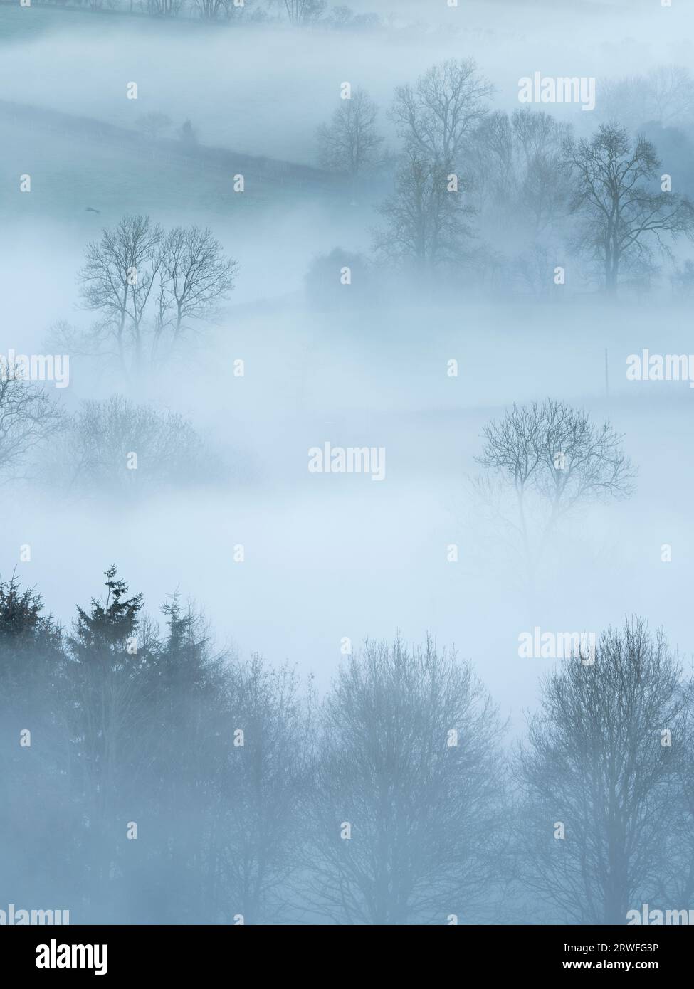Morning mist in The Clun Valley near Craven Arms in South Shropshire ...