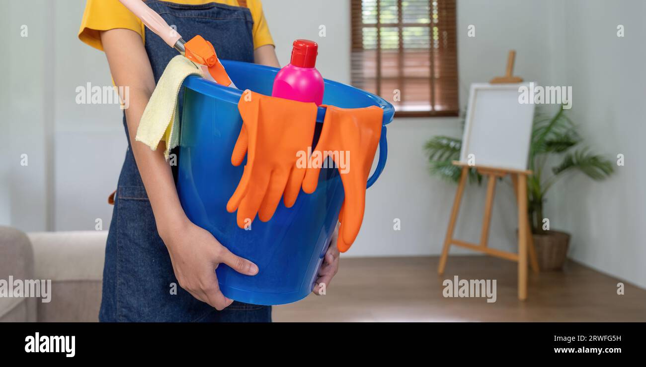 Woman with cleaning equipment ready to clean house on living room Stock ...