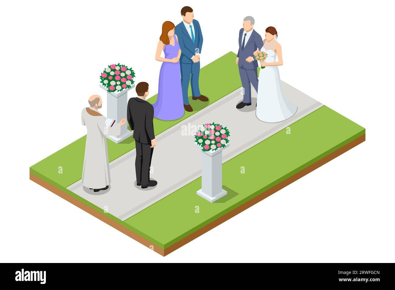 Isometric wedding arch decorated with flowers stands in the luxurious ...