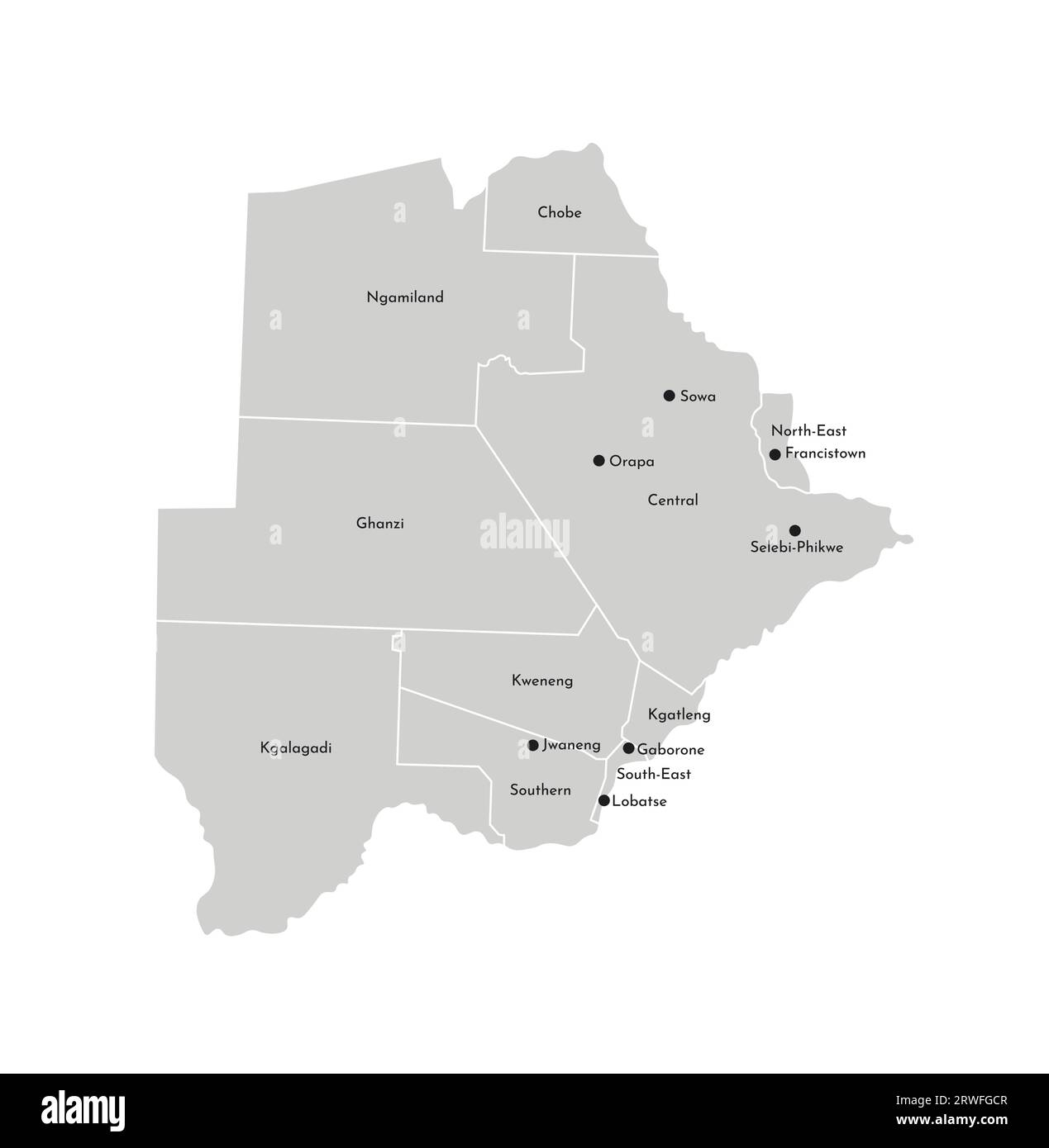 Vector isolated illustration of simplified administrative map of Botswana. Borders and names of ...