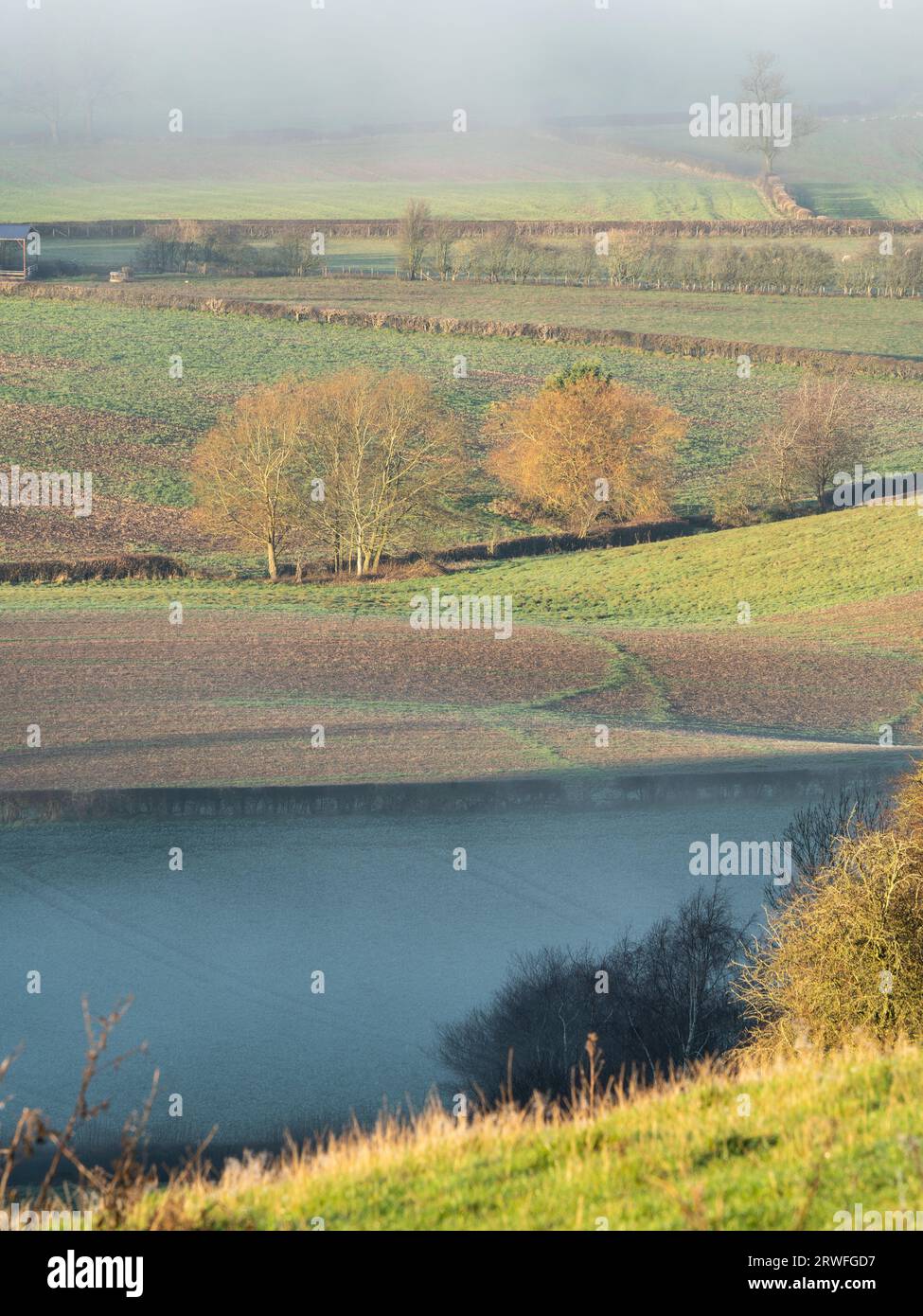 Morning mist hanging over the Clun Valley in South Shropshire, England ...