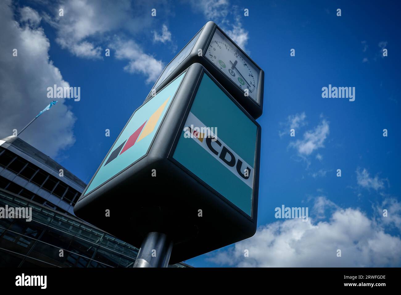 19 September 2023, Berlin: The new CDU logo is seen in front of the ...