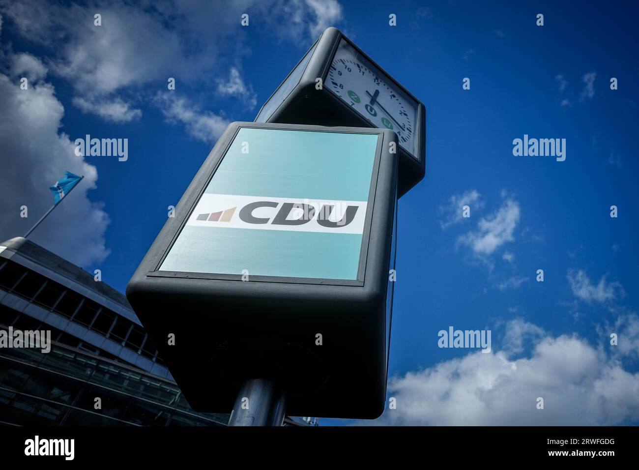 19 September 2023, Berlin: The new CDU logo is seen in front of the ...