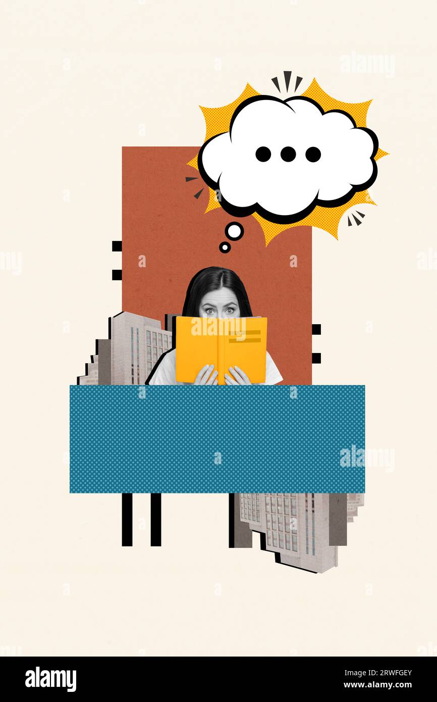 Picture collage magazine of smart clever girl hiding face sitting ...