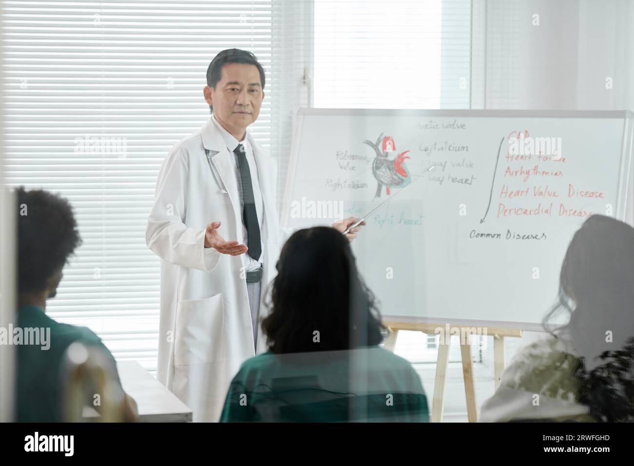 Doctor pointing at whiteboard with heart chart when talking to group of ...
