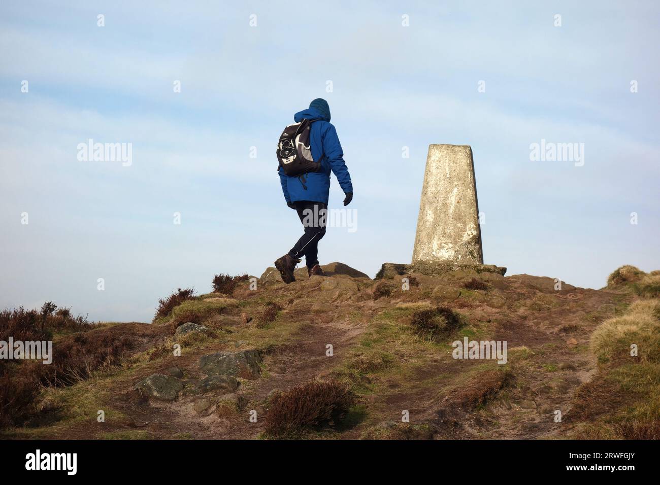 Man (Elderly Hiker) Walking to the Concrete Trig Point of 'Sharp Haw ...