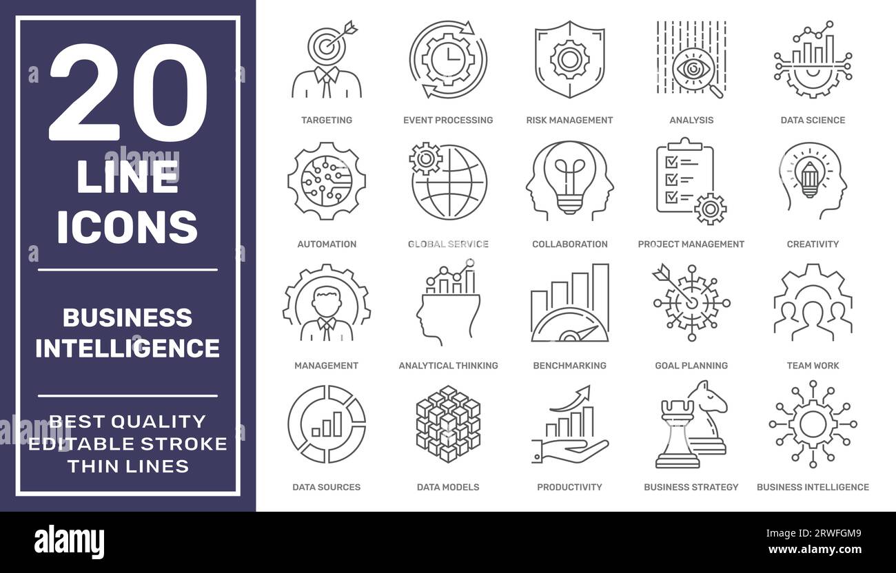 Set of business Intelligence icons, such as machine learning, data modeling, visualization, risk ...