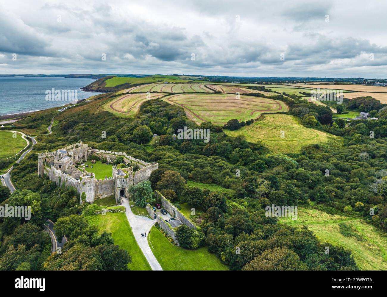 Manorbier Castle from a drone, Manorbier, Tenby, Wales, England Stock ...