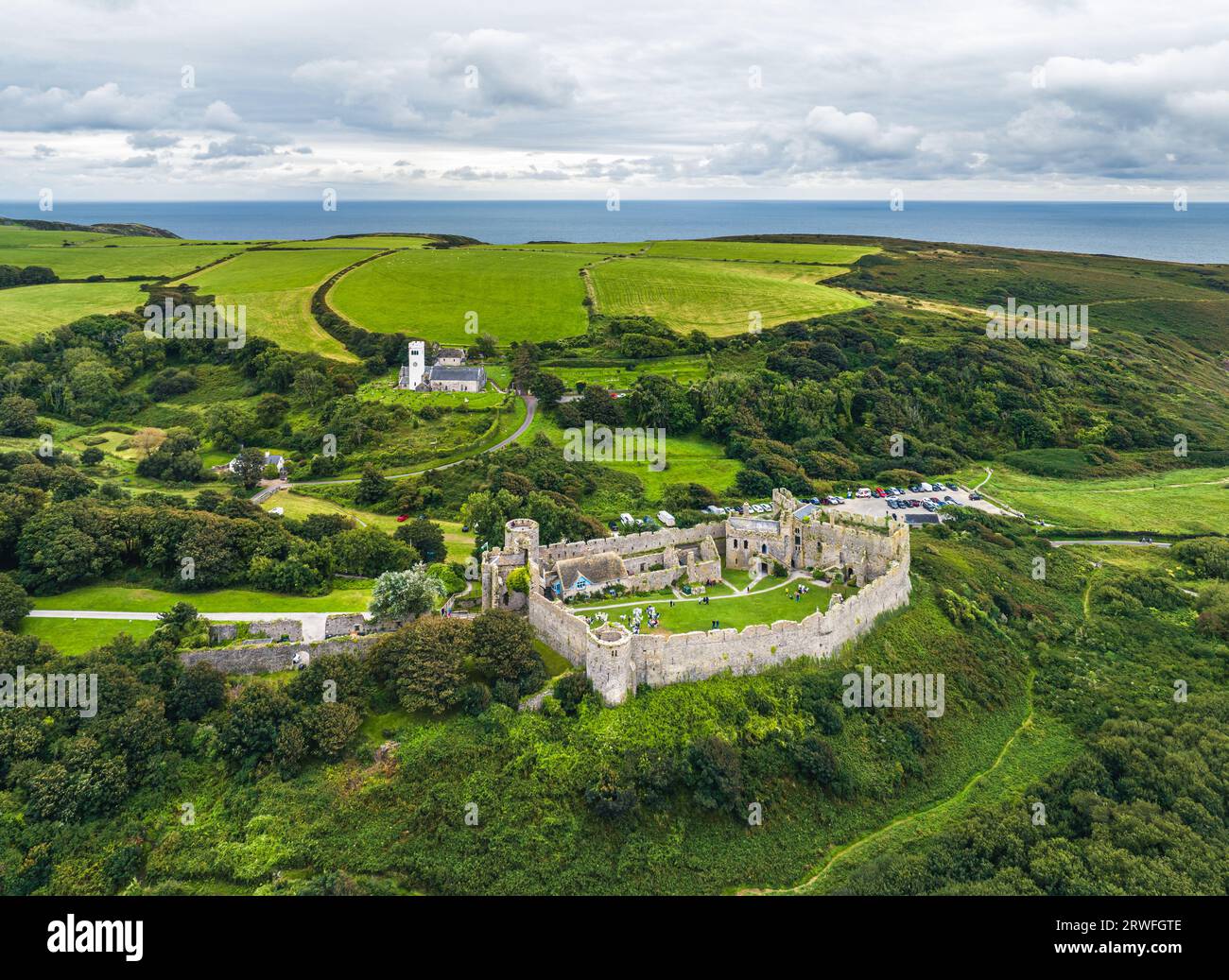 Manorbier Castle from a drone, Manorbier, Tenby, Wales, England Stock ...