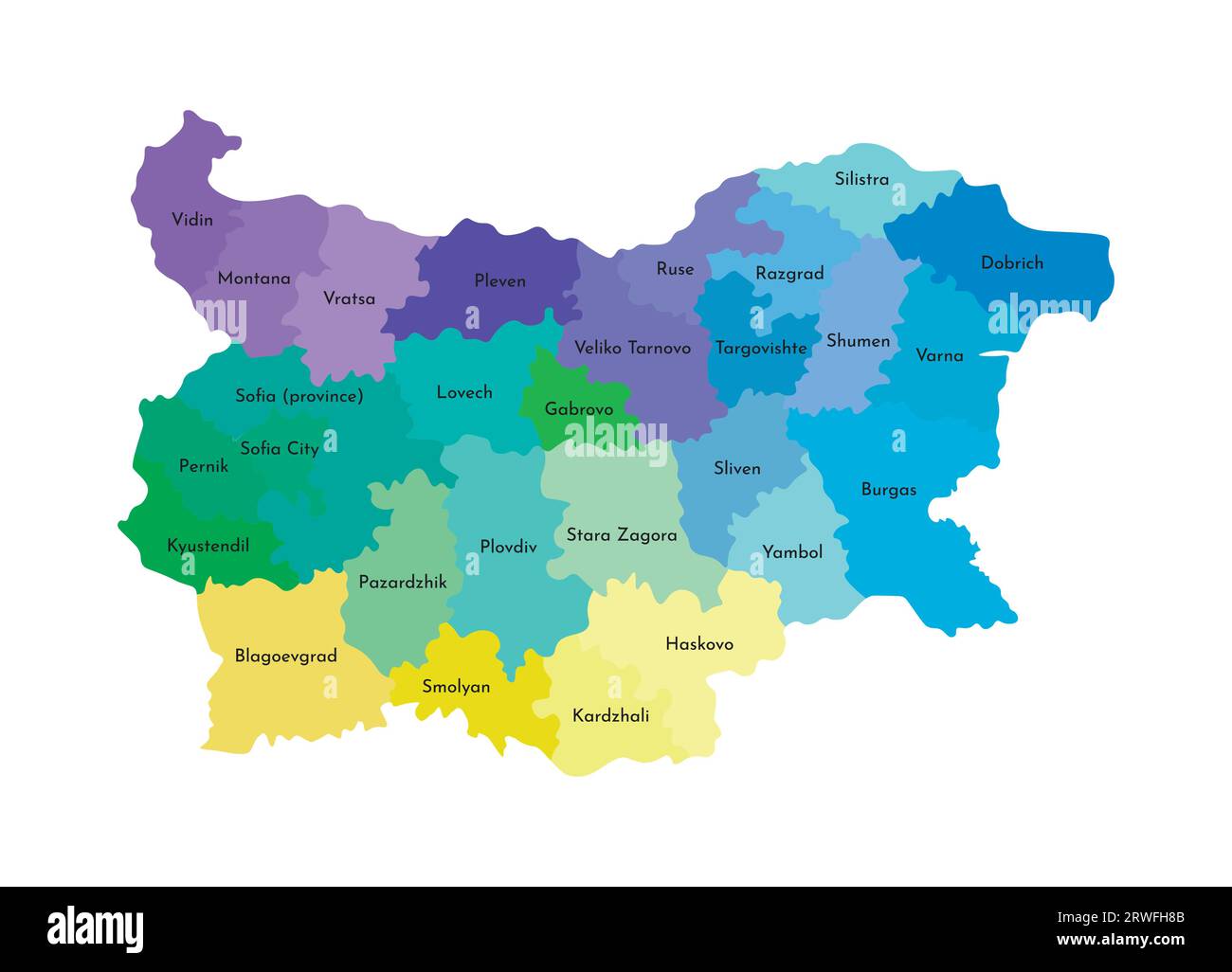 Vector isolated illustration of simplified administrative map of Bulgaria. Borders and names of ...