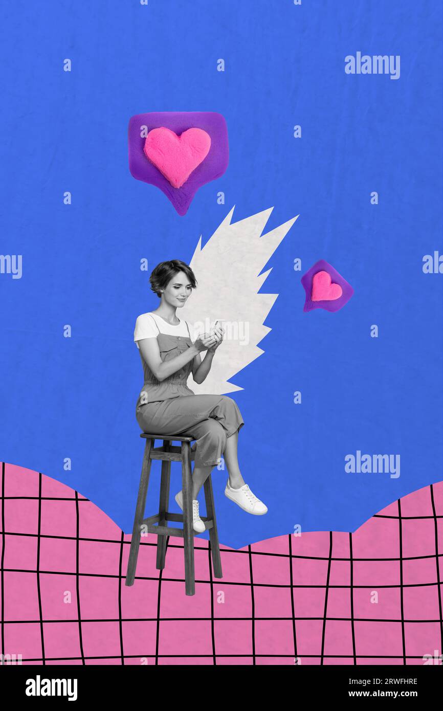 Composite collage design of young charming woman sitting swiping dating ...
