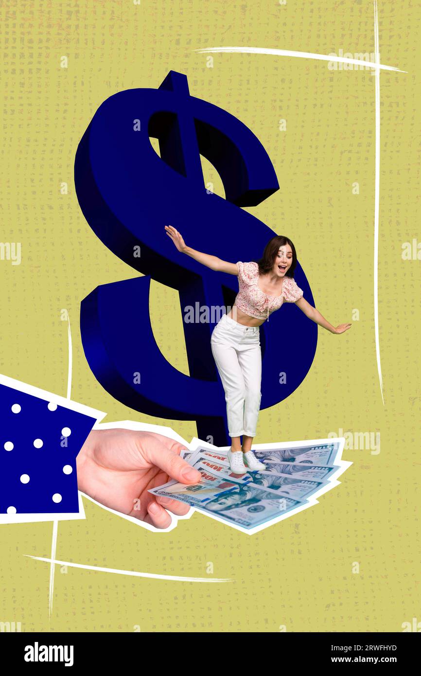 Vertical photo collage dollar symbol dangerous funny young girl falling ...