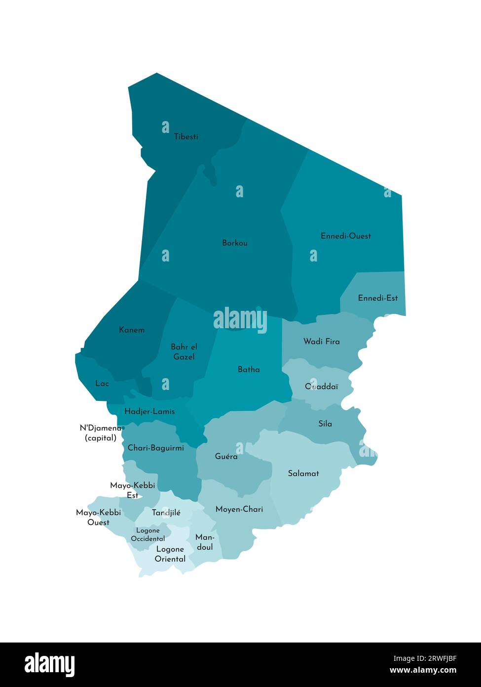 Vector isolated illustration of simplified administrative map of Chad. Borders and names of the ...