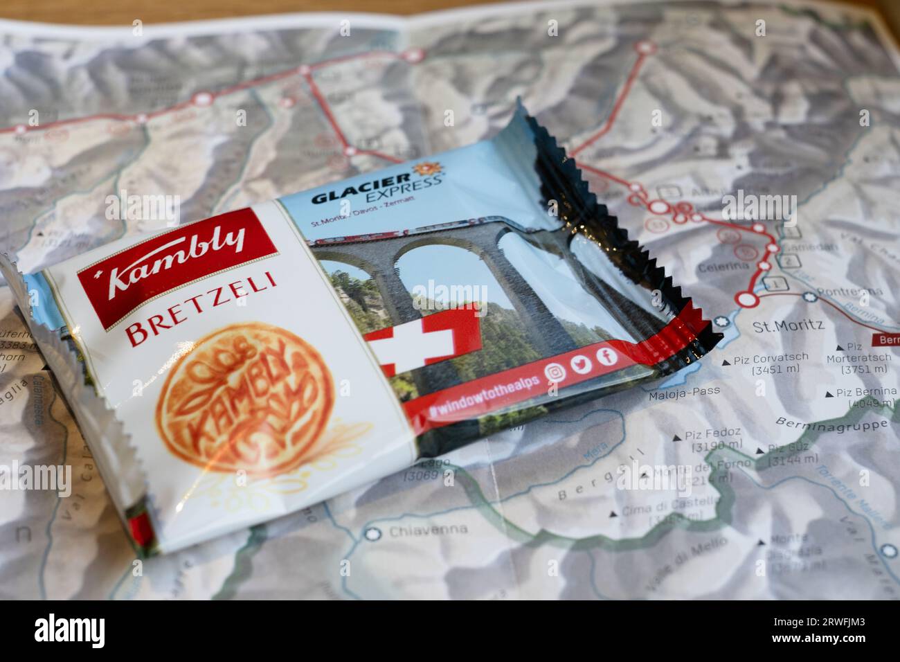 Complimentary biscuit on the Glacier Express, with a map of the route ...