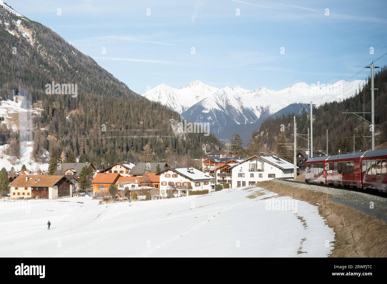 View from the train from St. Moritz to Chur, Switzerland, with the ...