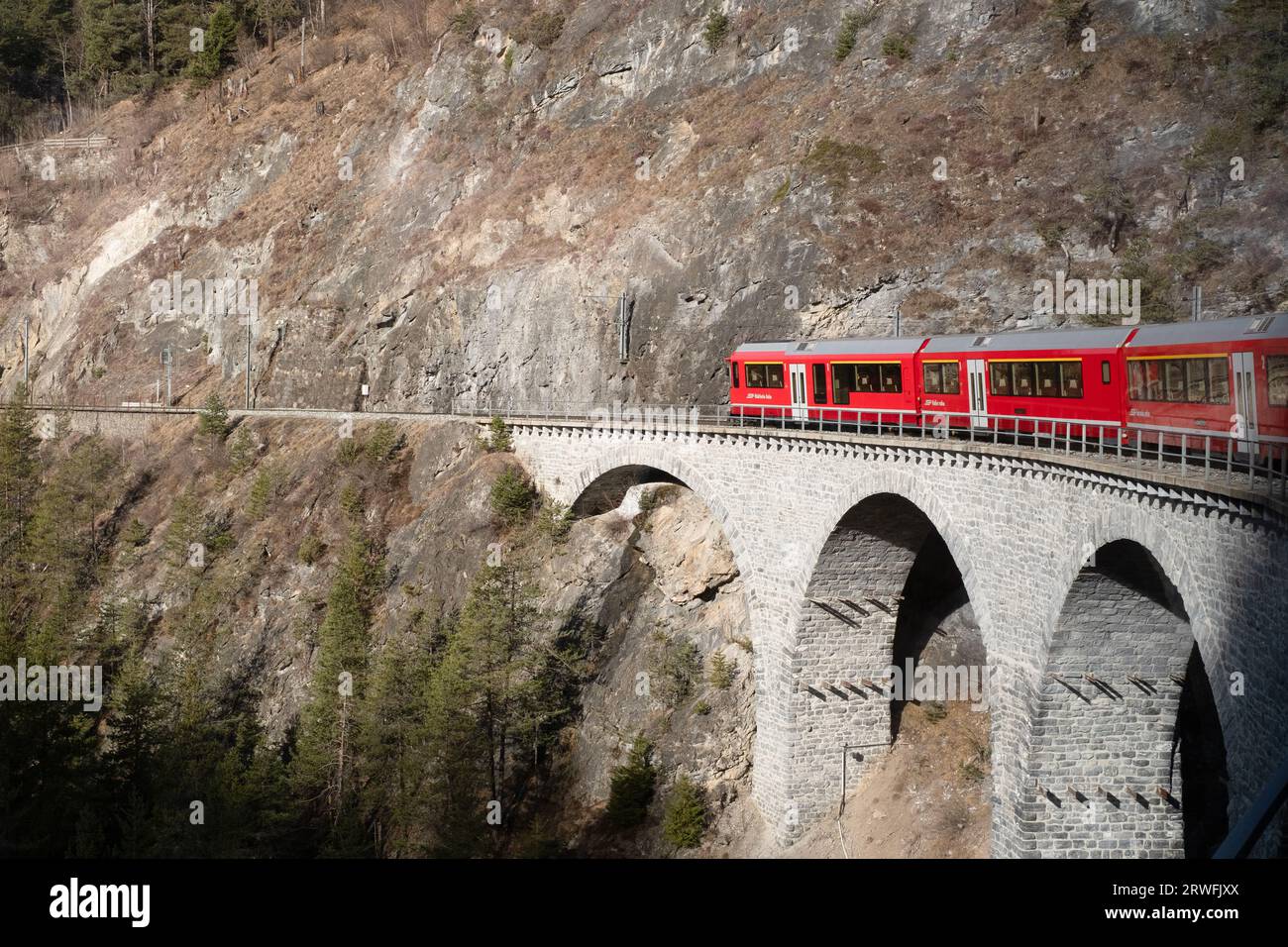 View from the train from St. Moritz to Chur, Switzerland, with the ...