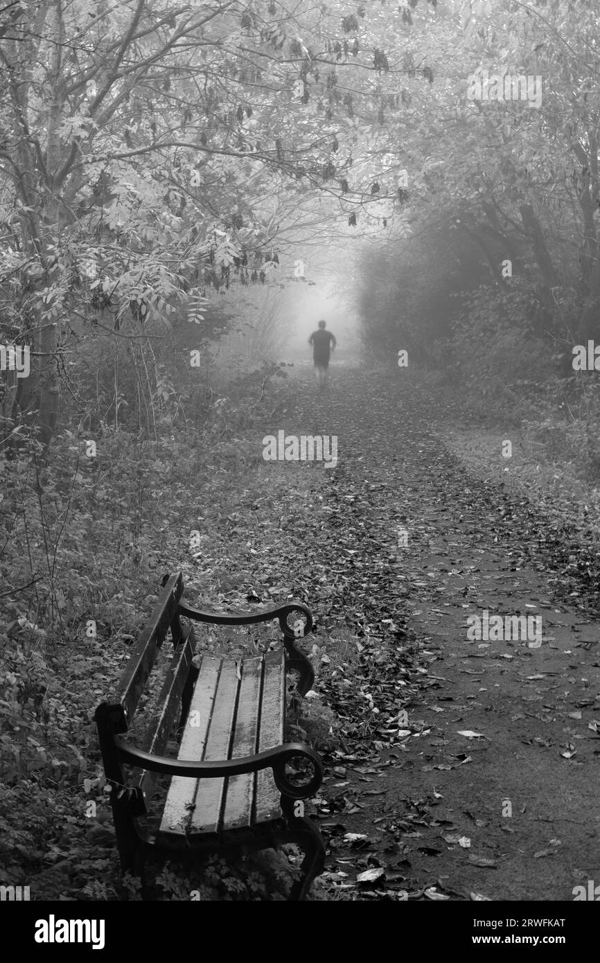 A lone jogger running on a rural path in the early morning mist Stock ...