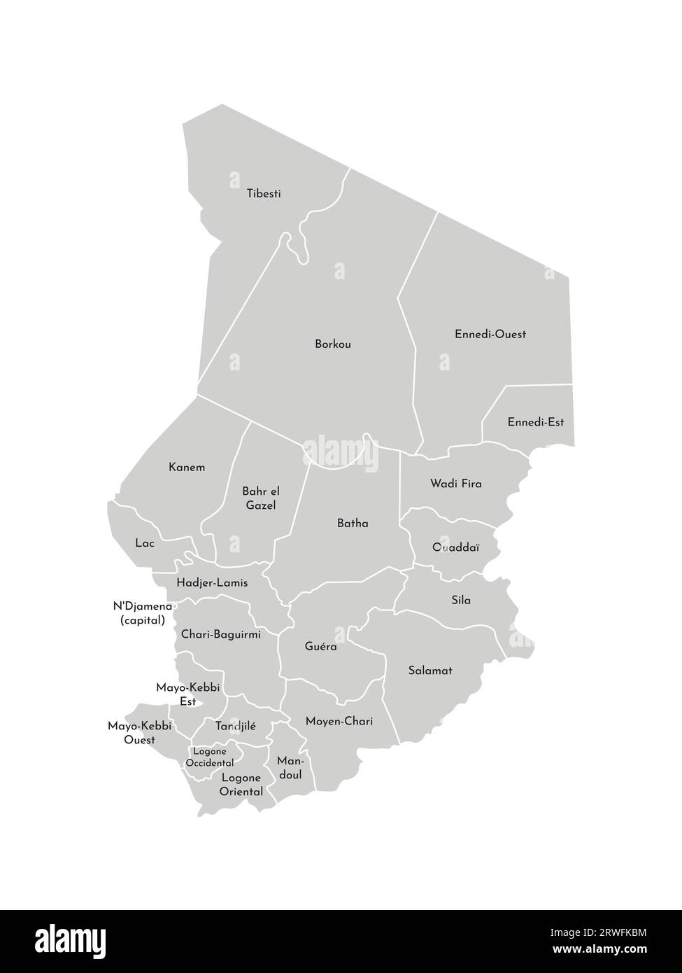 Vector isolated illustration of simplified administrative map of Chad. Borders and names of the ...