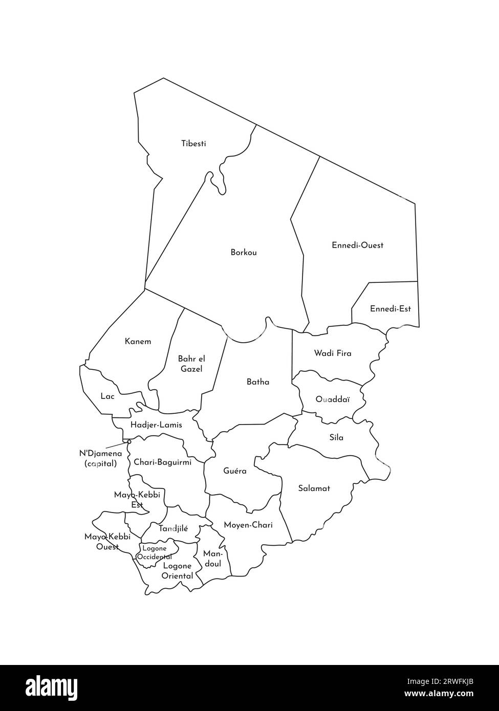 Vector isolated illustration of simplified administrative map of Chad. Borders and names of the ...