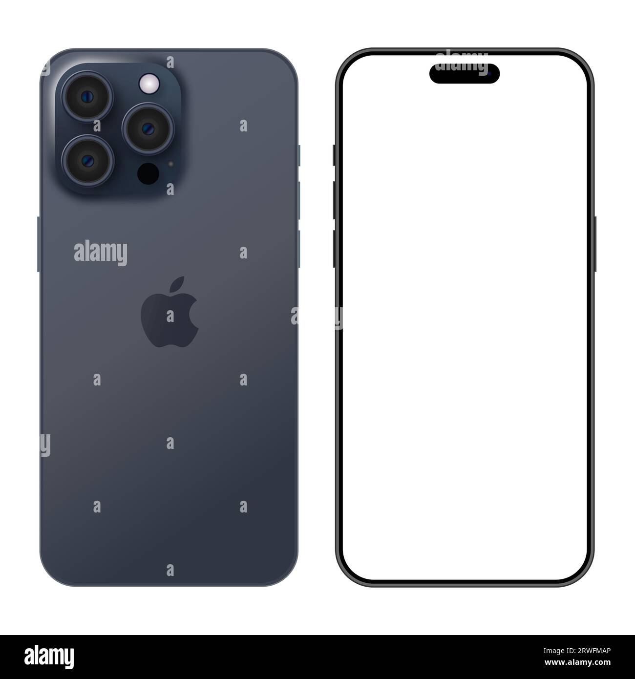 New iPhone 15 Pro Blue Titanium phone. Mockup screen front and back ...