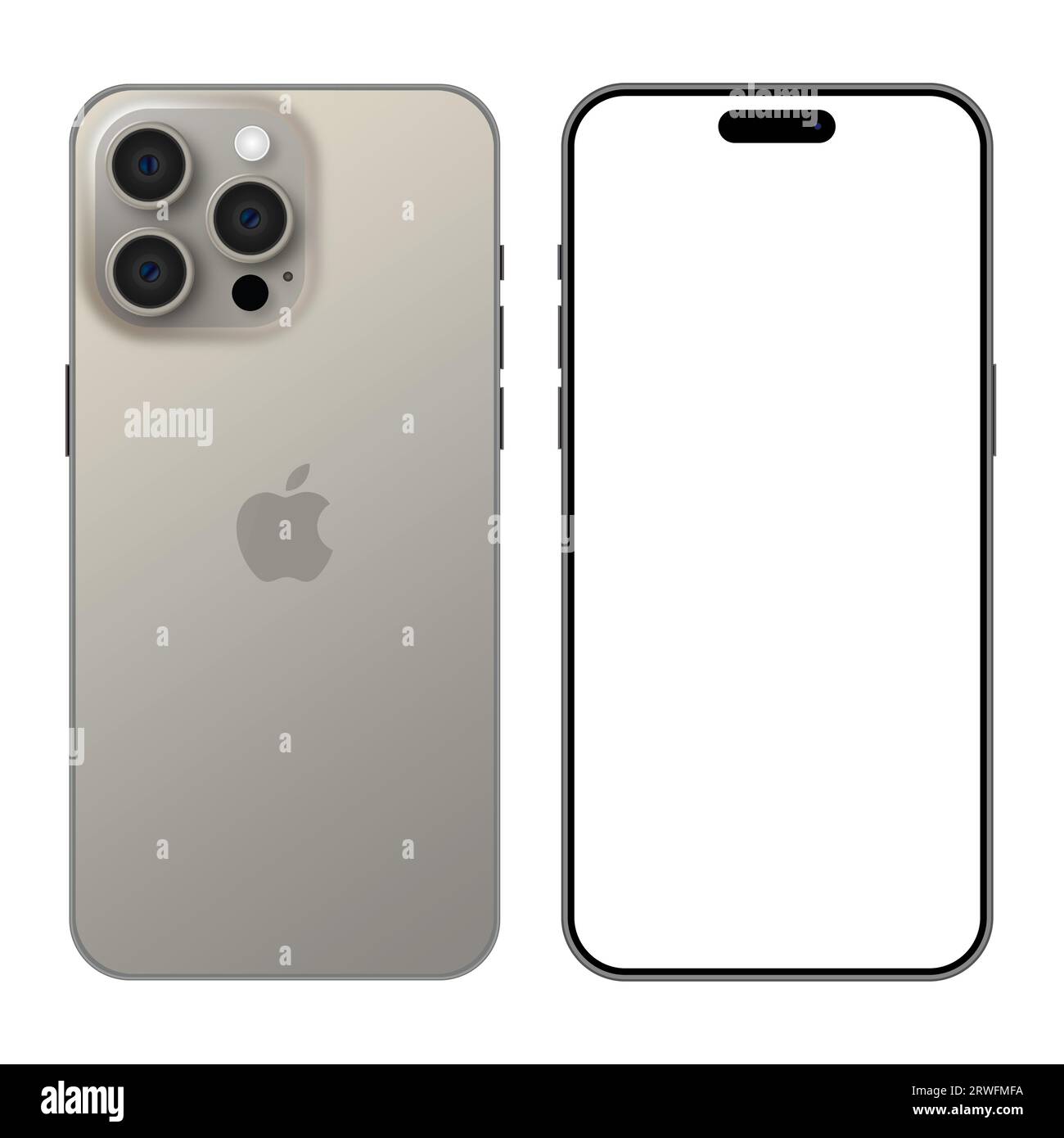 New iPhone 15 Pro Natural Titanium phone. Mockup screen front and back ...