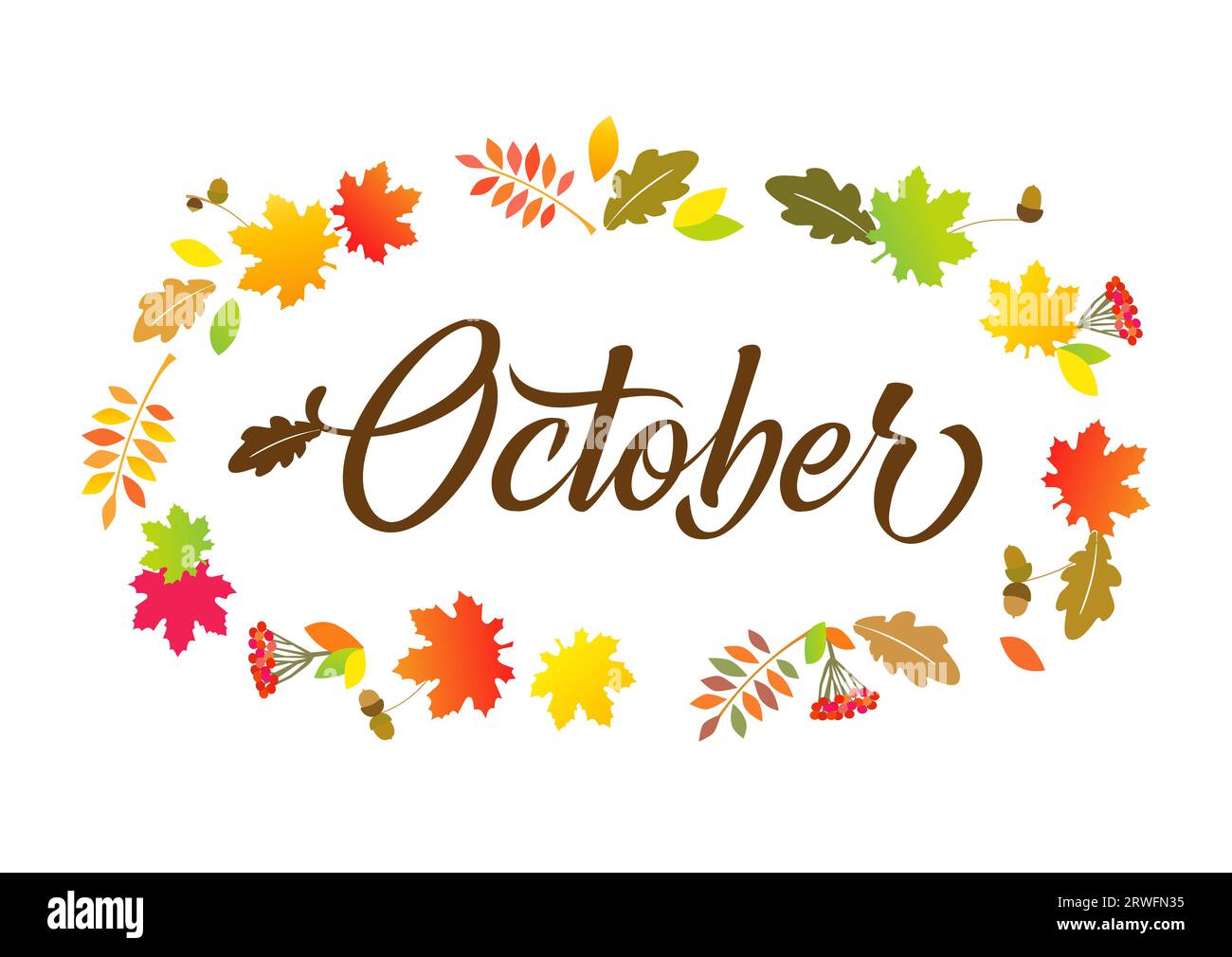 October calligraphic card. Autumn background with colored leaves and ...