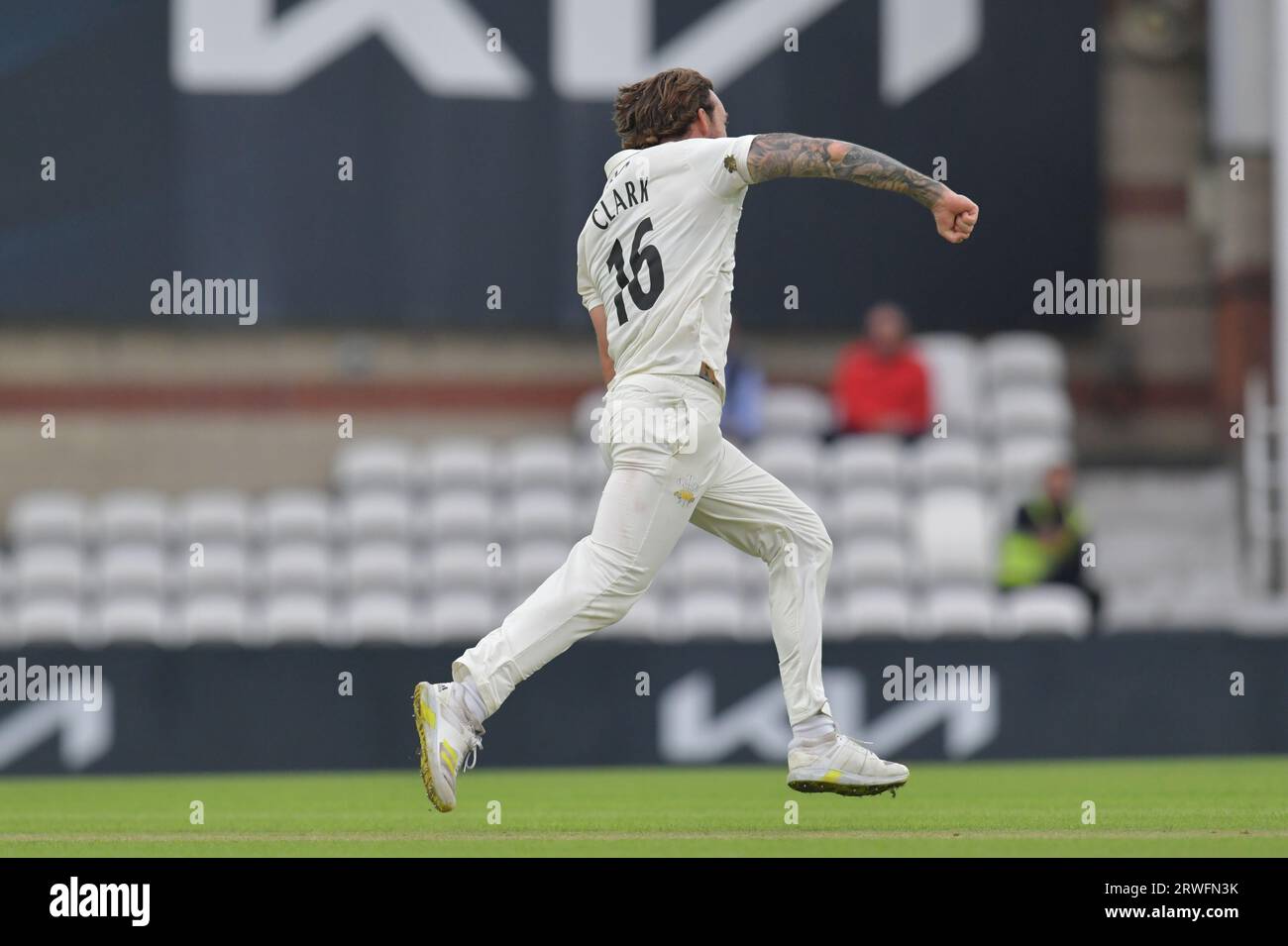 London, England - September 19 2023:Jordan Clark celebrates the wicket ...