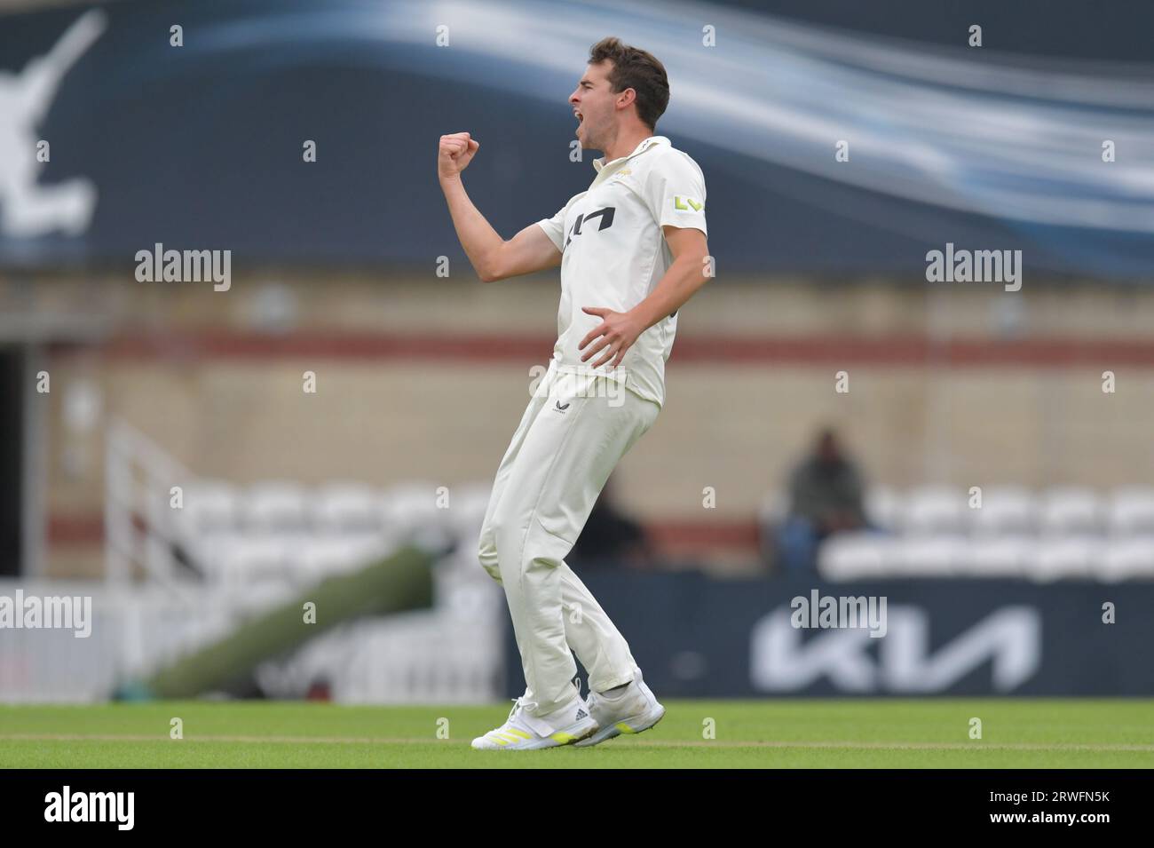 London, England - September 19 2023: Tom Lawes of Surrey celebrates the ...