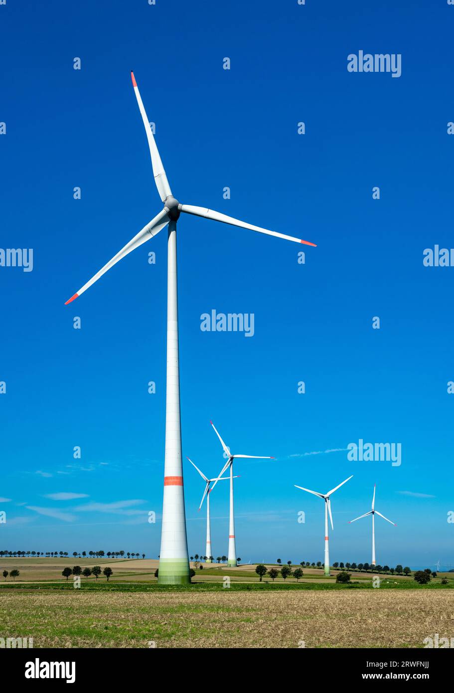 Large wind farm on agricultural area at Paderborn, North Rhine ...