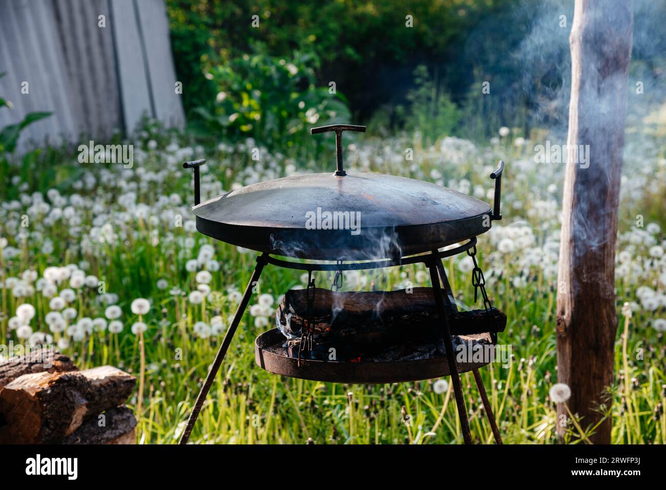 Cooking food in a frying pan over a fire. Cooking outdoors Stock Photo ...