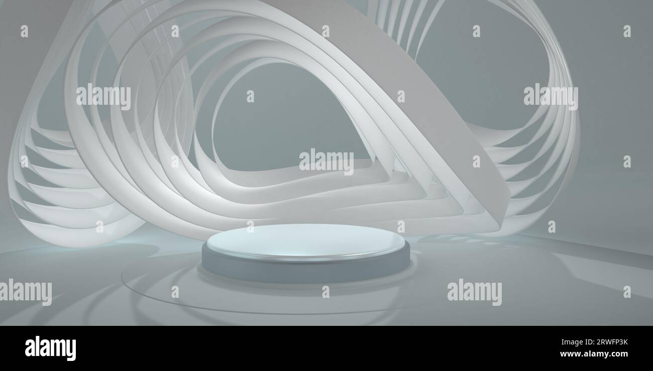 Round metal podium with white round abstract figures on the back on a ...