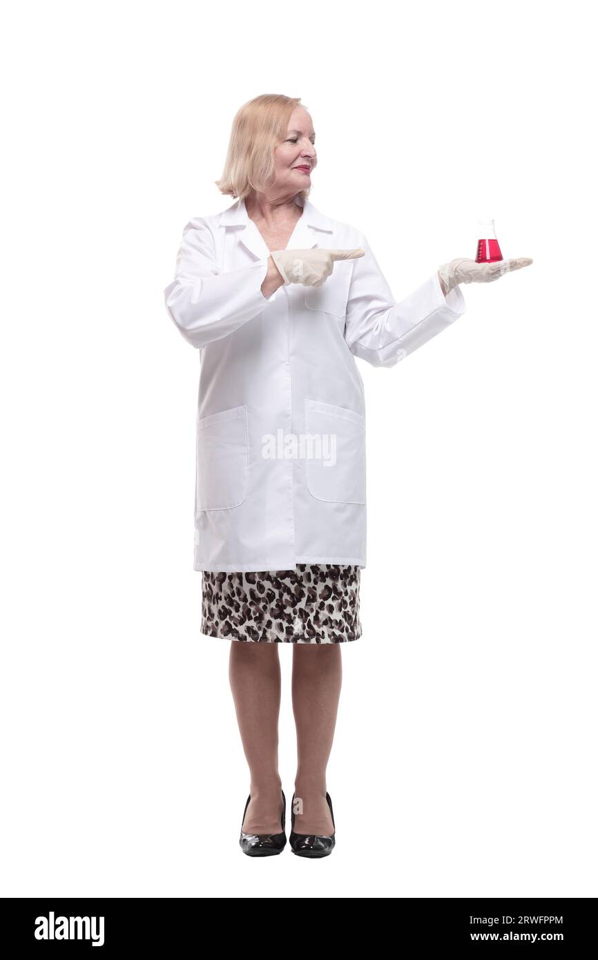 in full growth. smiling medical woman with a laboratory flask Stock ...