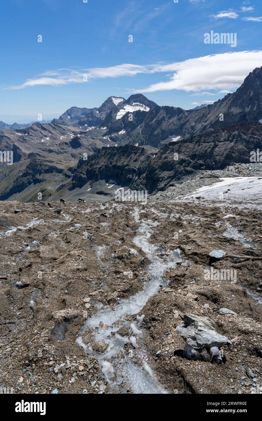 Ciamarella Glacier covered by soil, stones and gravel. mountains ...