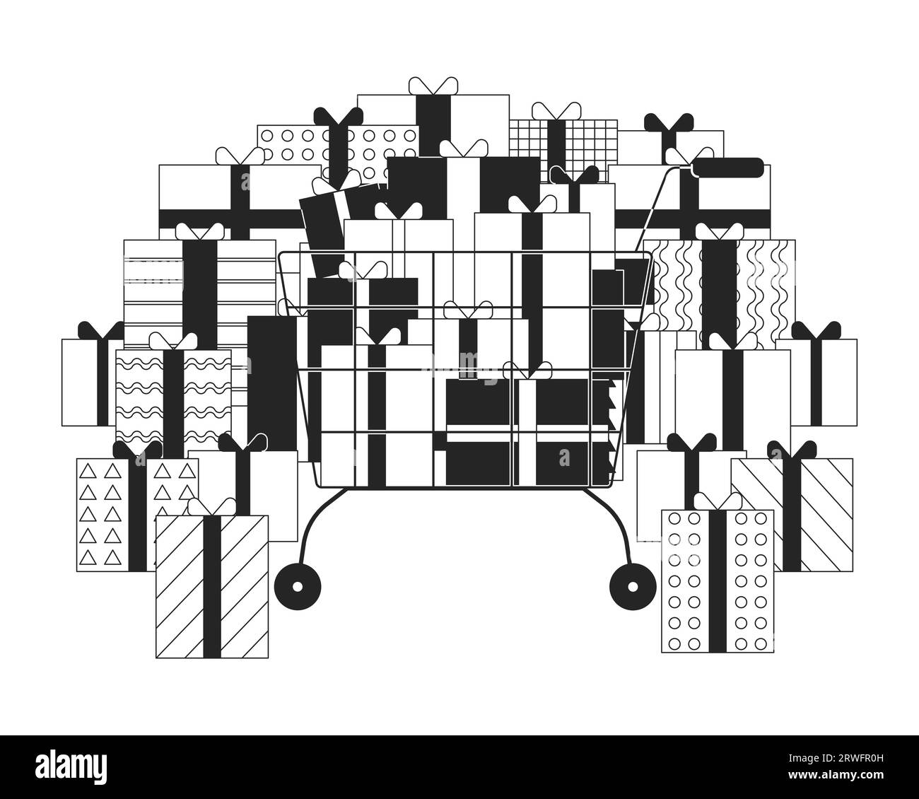 Shopping cart overflowed with gifts black and white 2D line cartoon ...