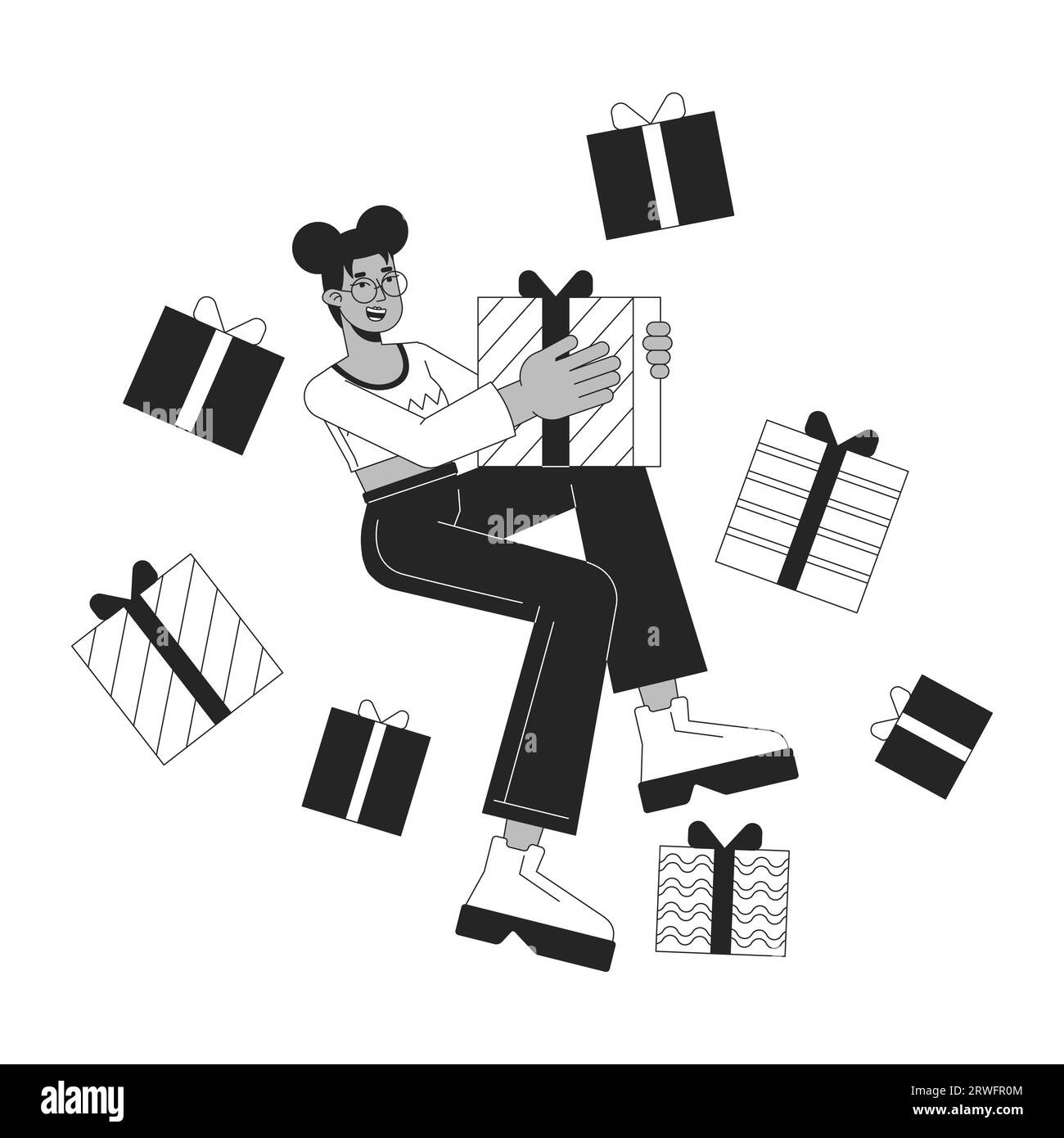 African american birthday girl receiving gifts black and white 2D line ...