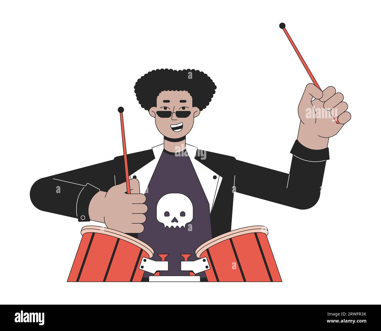 Sunglasses drummer artist holding drumsticks 2D linear cartoon ...