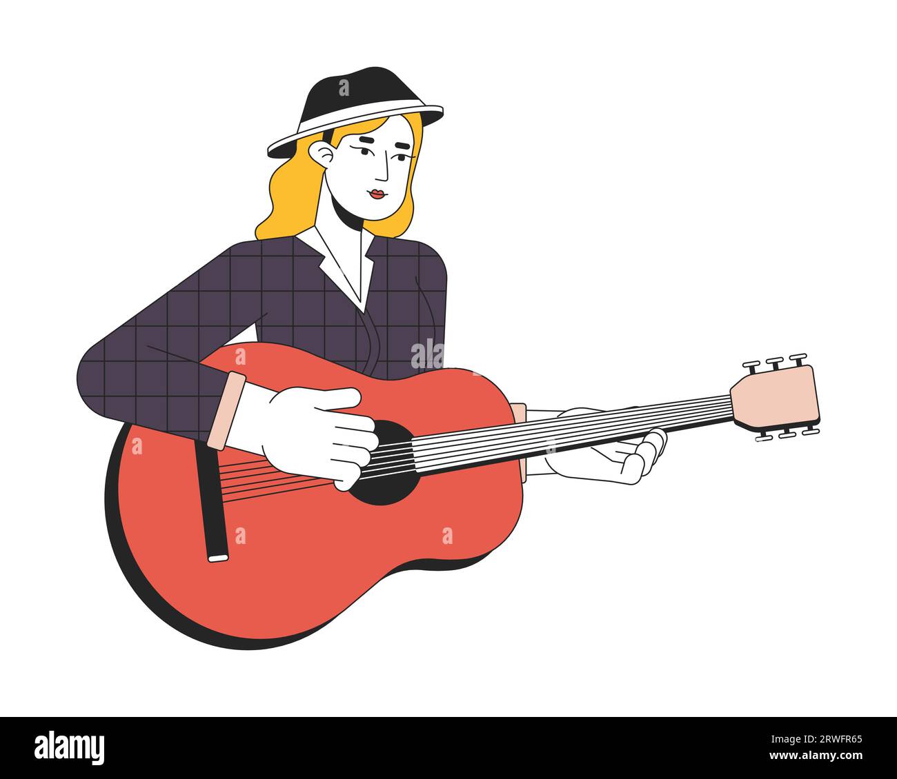 Guitarist girl plucking strings on acoustic guitar 2D linear cartoon ...