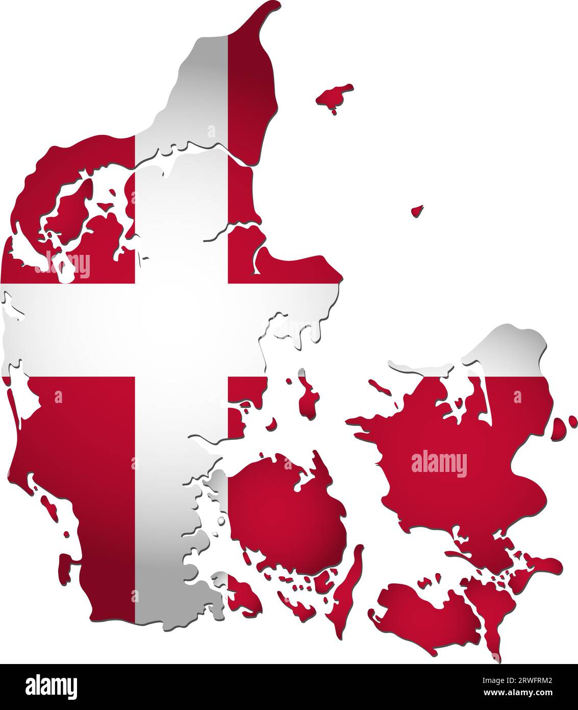 Vector illustration with Danish national flag with shape of Denmark map (simplified). Volume ...