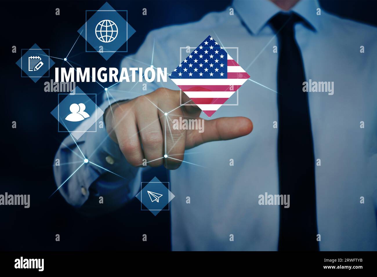 Immigration. Businessman touching digital screen with icons, word and ...