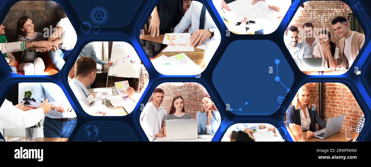 Partner, collaboration. Collage with photos of businesspeople and icons ...
