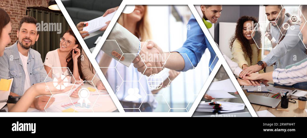 Partner, collaboration. Collage with photos of businesspeople and icons ...