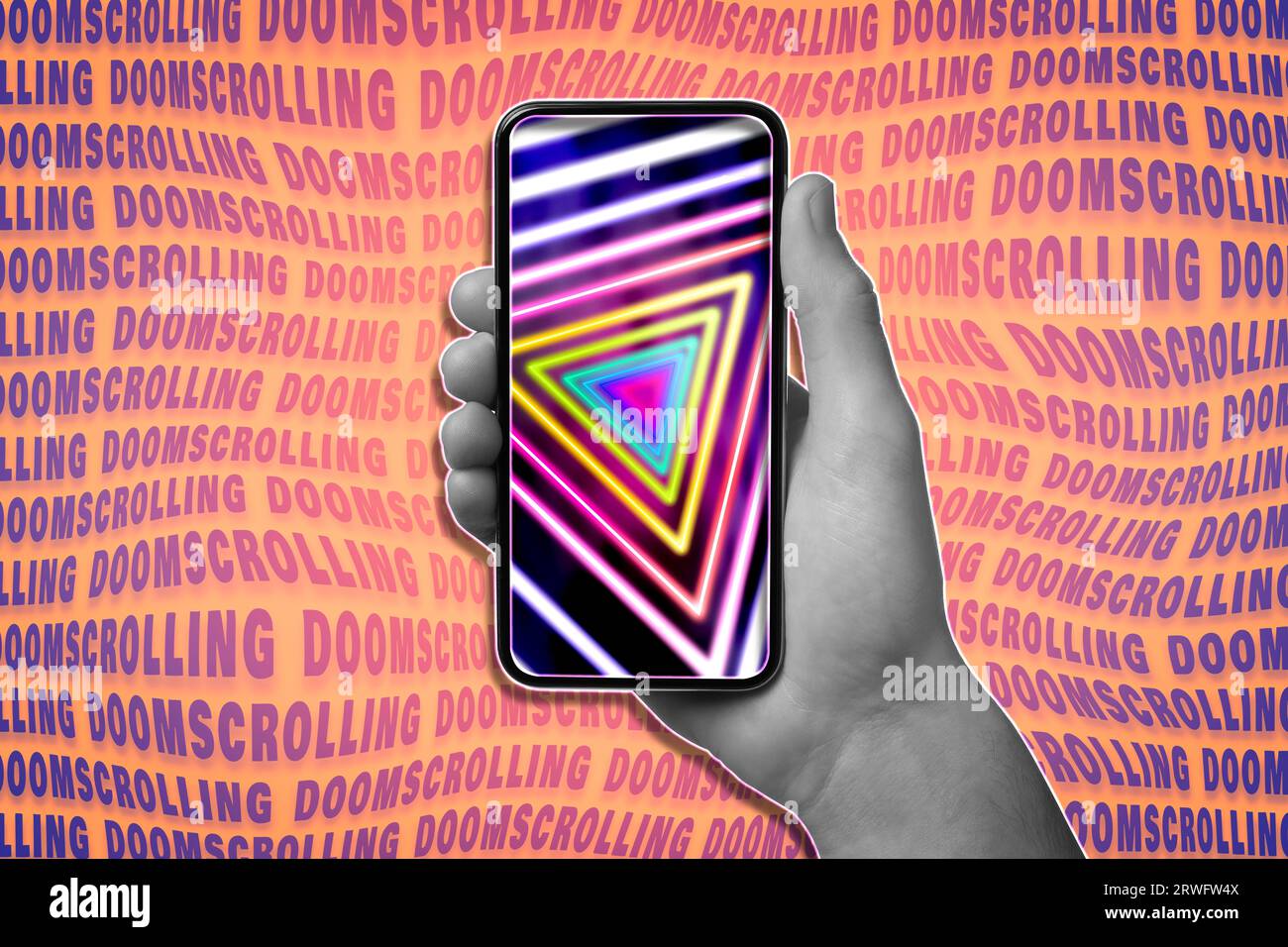 Doomscrolling concept. Man holding mobile phone with geometric pattern ...