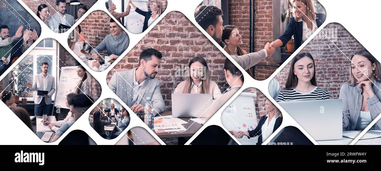 Partner, collaboration. Collage with photos of businesspeople, banner ...
