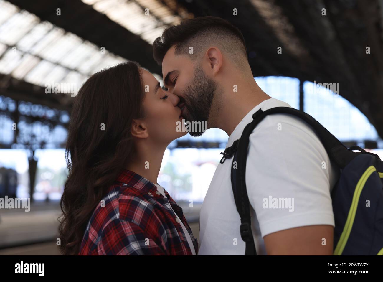 Long Distance Relationship Beautiful Couple Kissing On Platform Of